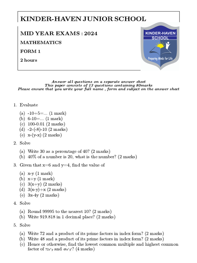 Maths Form 1 - Kinderhaven Mid Year 2024 | PDF | Area | Circle