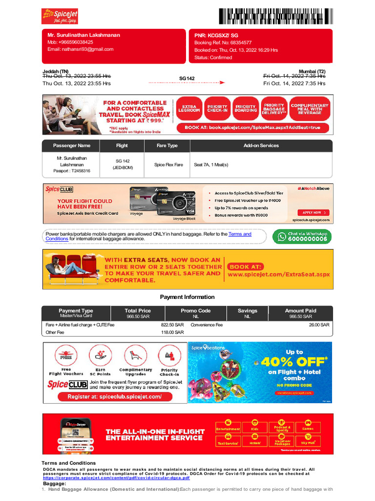 SpiceJet - E-Ticket - PNR - KCGSXZ 13 Oct 2022 Jeddah-Mumbai For MR ...