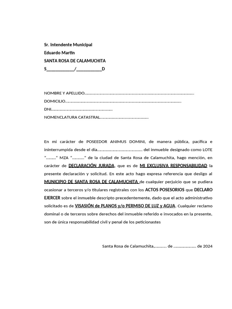 Declaracion Jurada Poseedor | PDF