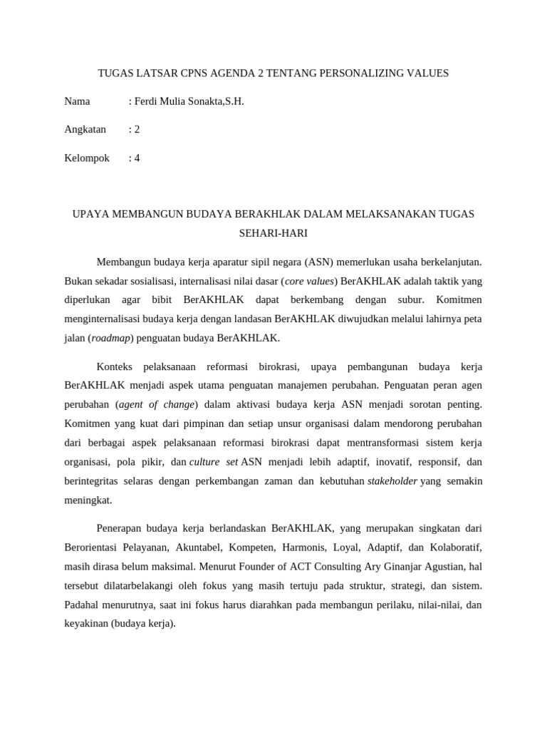 Agenda 2 Tugas 3 Personalizing Values Ferdi Mulia Sonakta | PDF