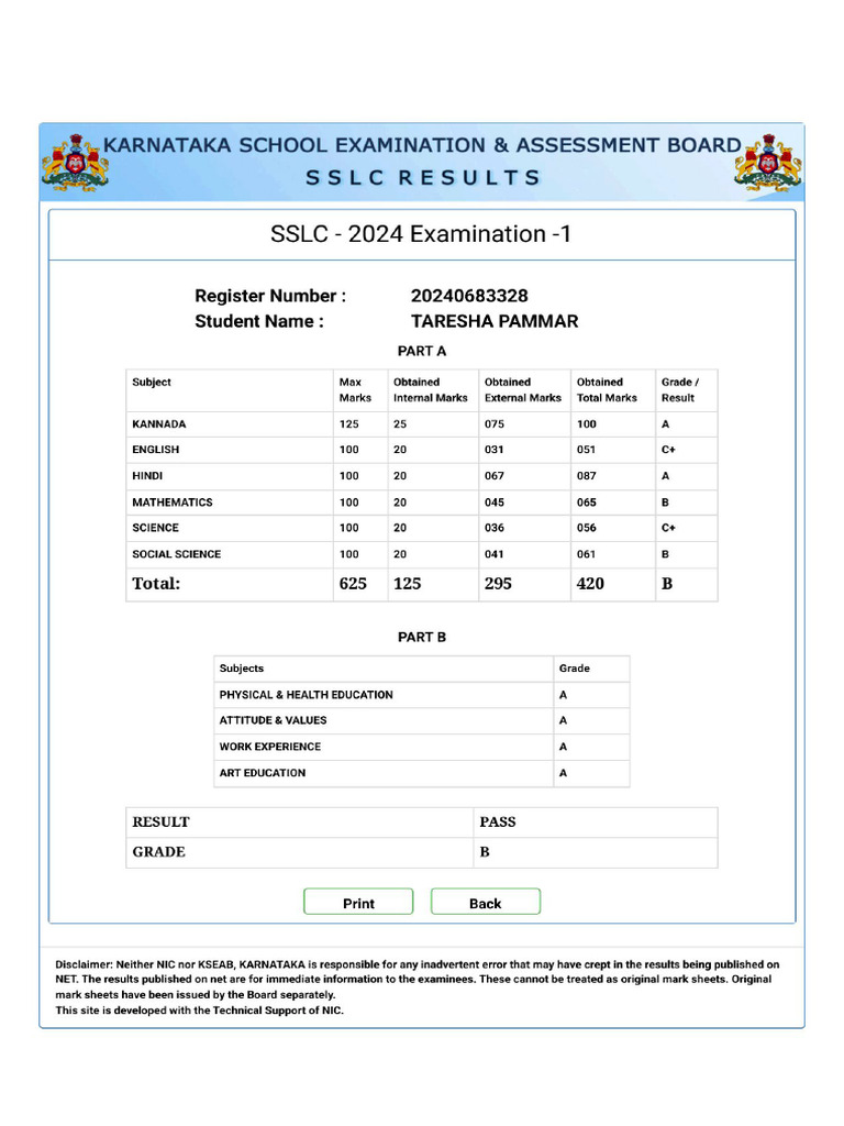 SSLC - 2024 Examination 1 Result | PDF