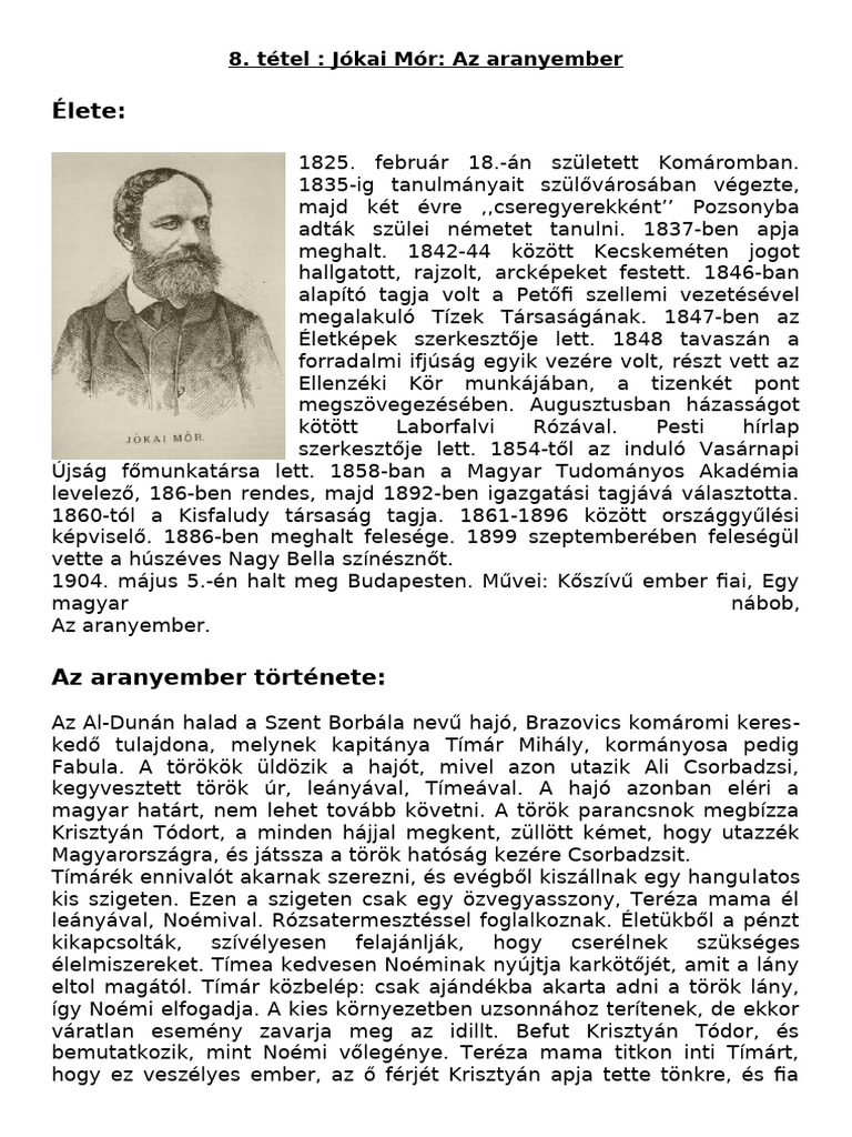 Tétel Jókai Mór Az Arany Ember | PDF