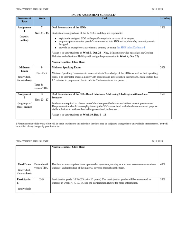 ING 100 Fall 2024 Assessments Schedule | PDF