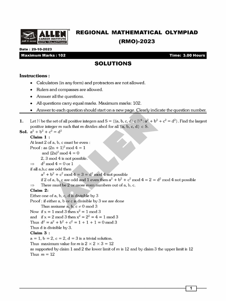 Imo Rmo 2023 Exam Paper Solution | PDF