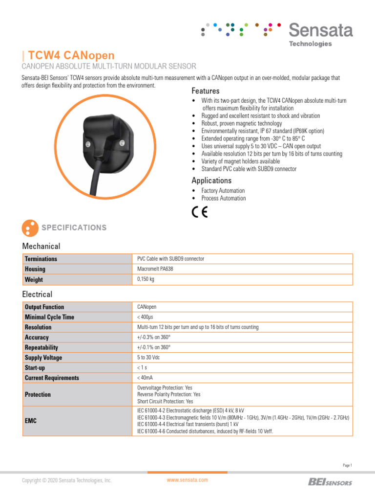 Tcw4 Canopen: Canopen Absolute Multi-Turn Modular Sensor | PDF