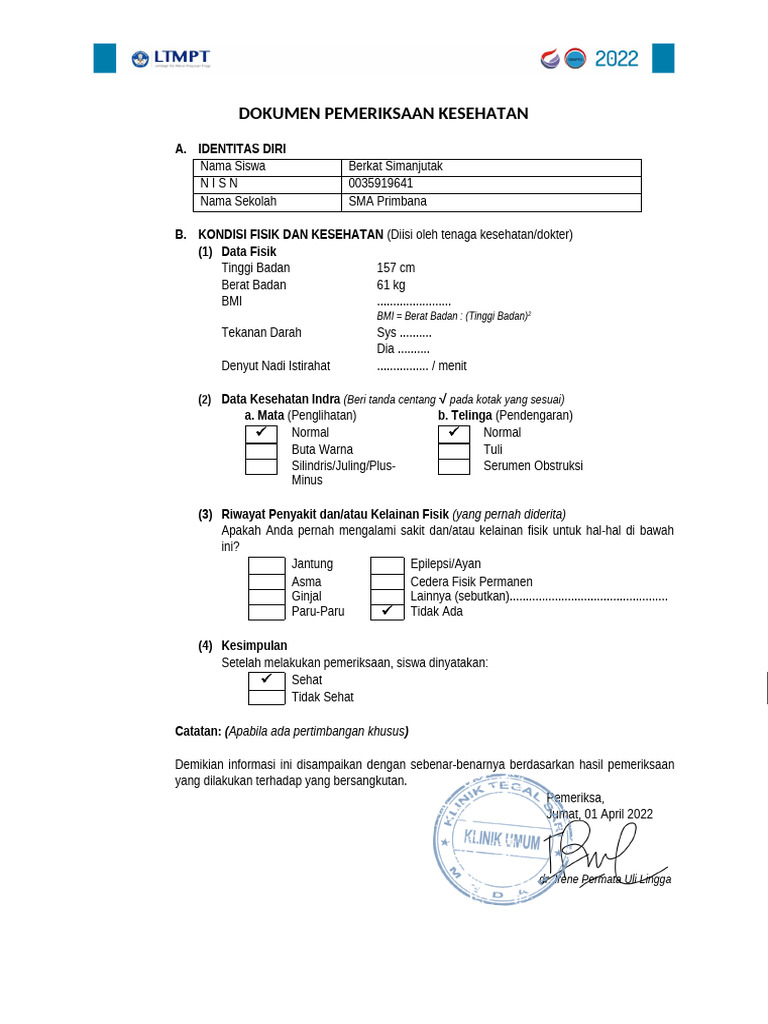 01 Templat Dokumen Pemeriksaan Kesehatan (Porto Olahraga 2022) | PDF
