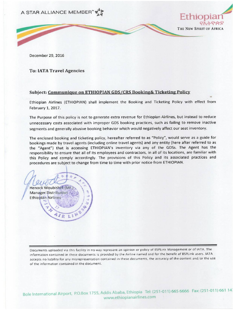 Circular On Ethiopian Airlines Gds Policy | PDF