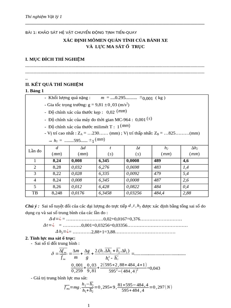 BÁO CÁO THÍ NGHIỆM VL1 | PDF