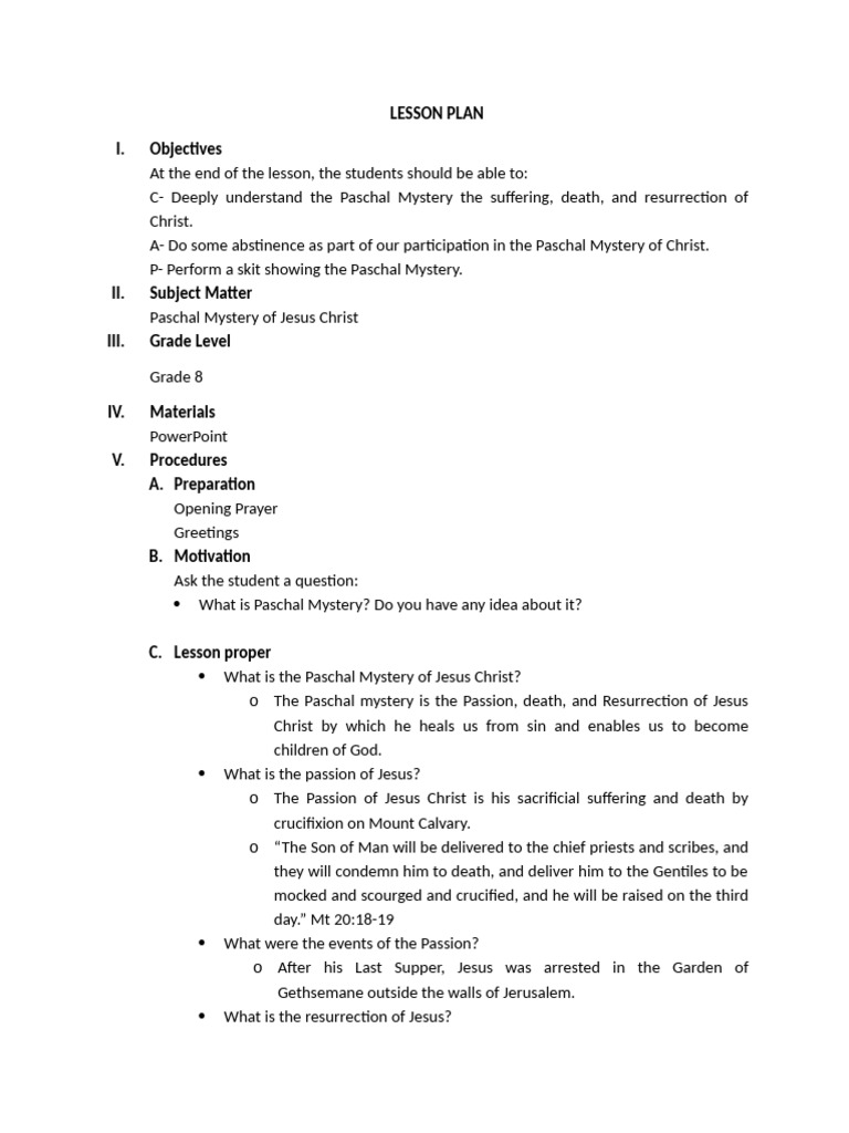 Paschal Mystery Lesson Plan for Kids | PDF | Resurrection Of Jesus | Jesus