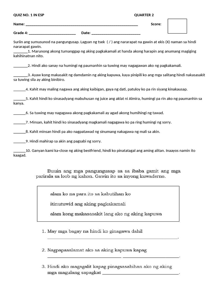 ESP QUIZ NO. 1-Q2 | PDF