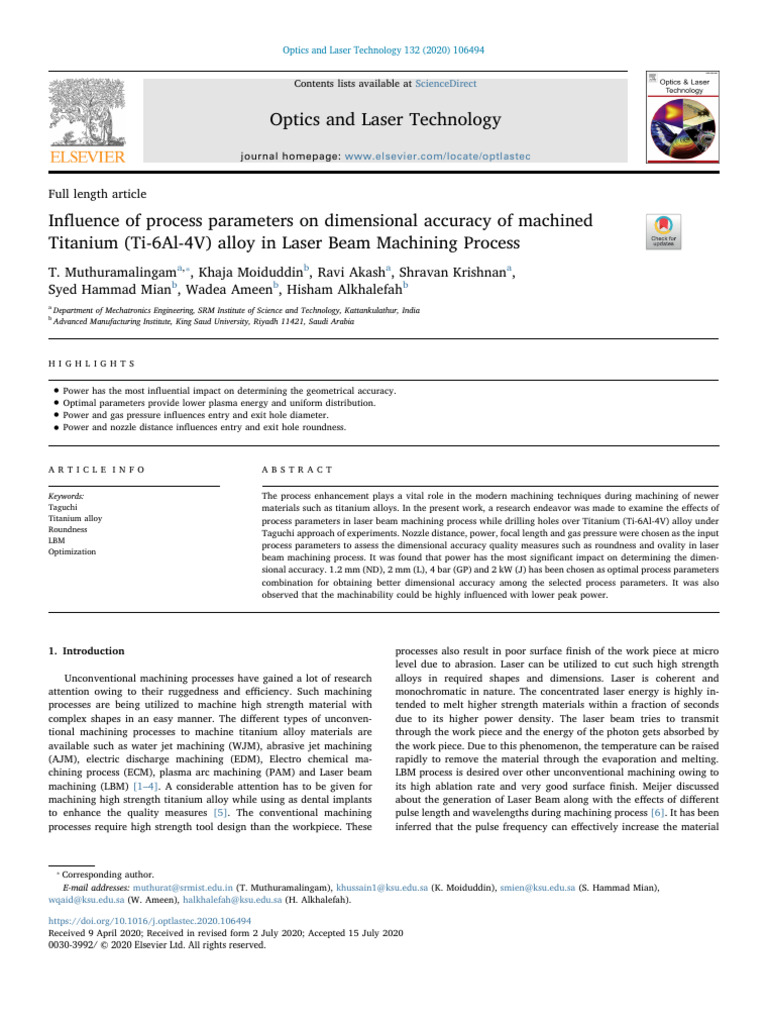 Influence of Process Parameters On Dimensional Accuracy of Machined Titanium (Ti-6Al-4V) Alloy ...