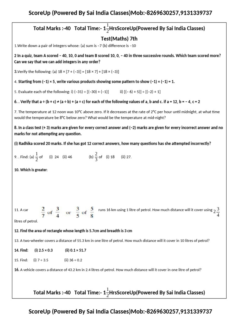 Class 7th 1 and 2 Maths | PDF
