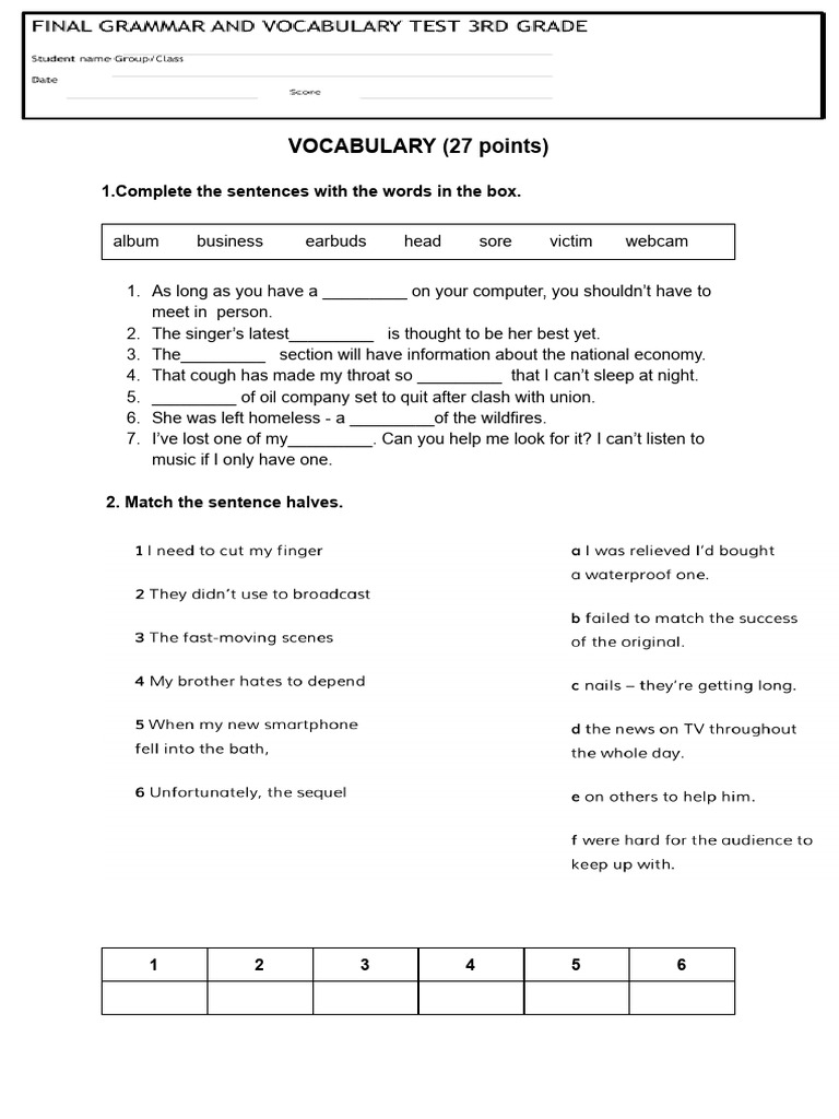 Final Grammar Test 3rd Grade | PDF