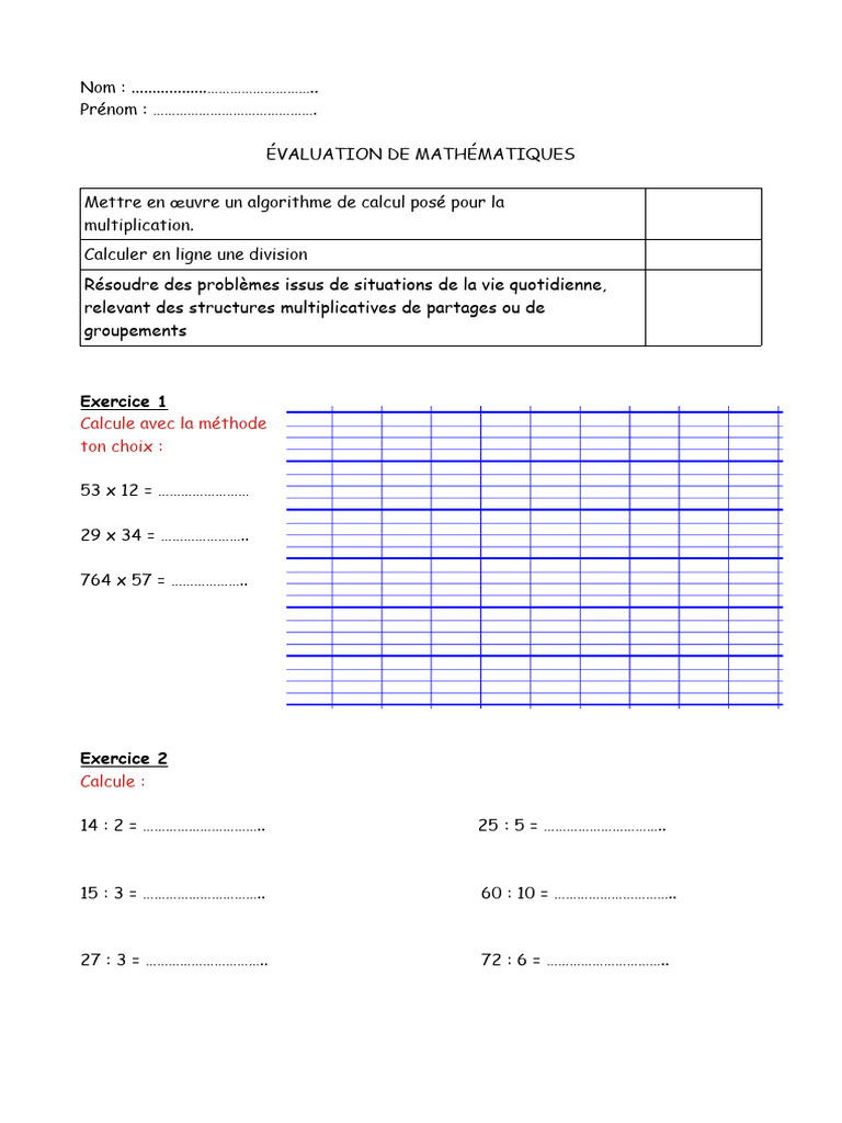 Évaluation Maths CE2 : Multiplication et Problèmes | PDF