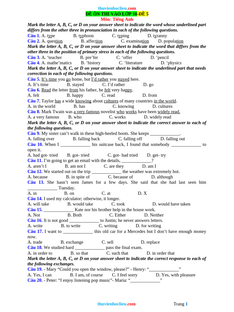 De Thi Thu Vao 10 Tieng Anh Form Moi de 5 | PDF