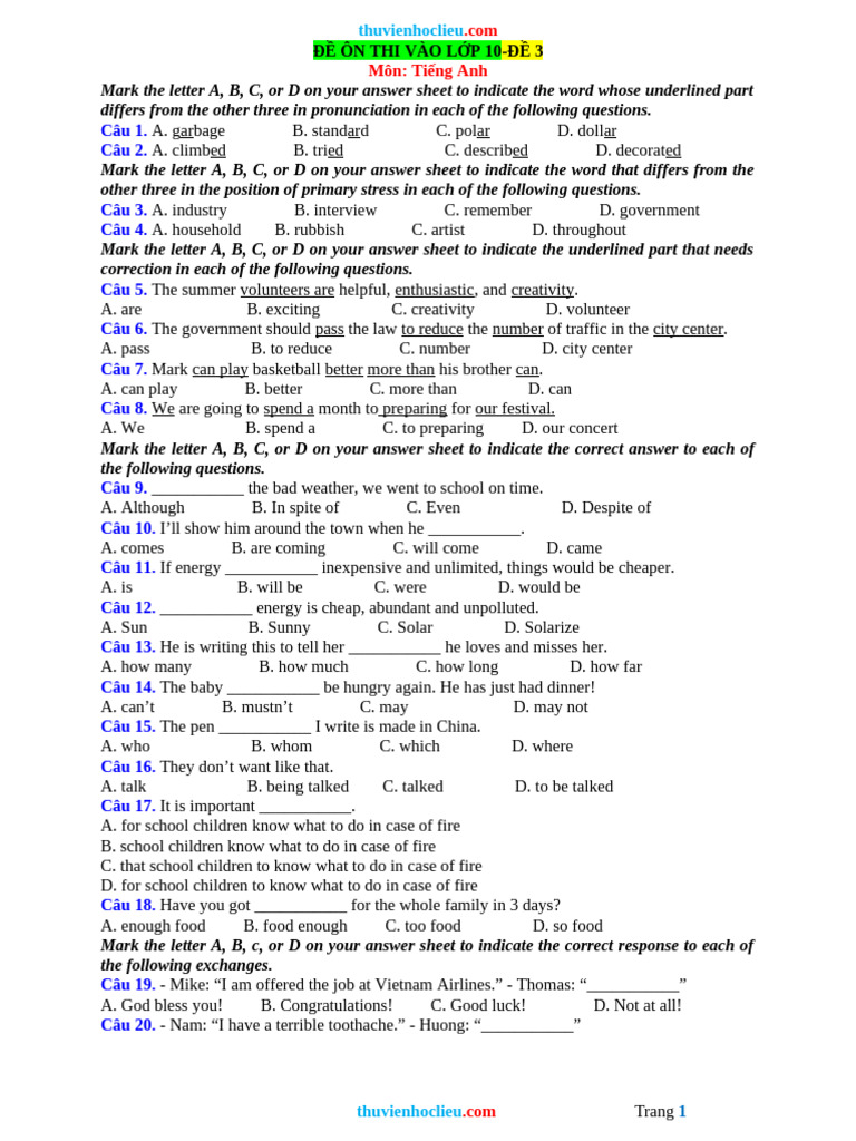 thuvienhoclieu.com-De-thi-thu-vao-10-Tieng-anh-form-moi-De-3 | PDF