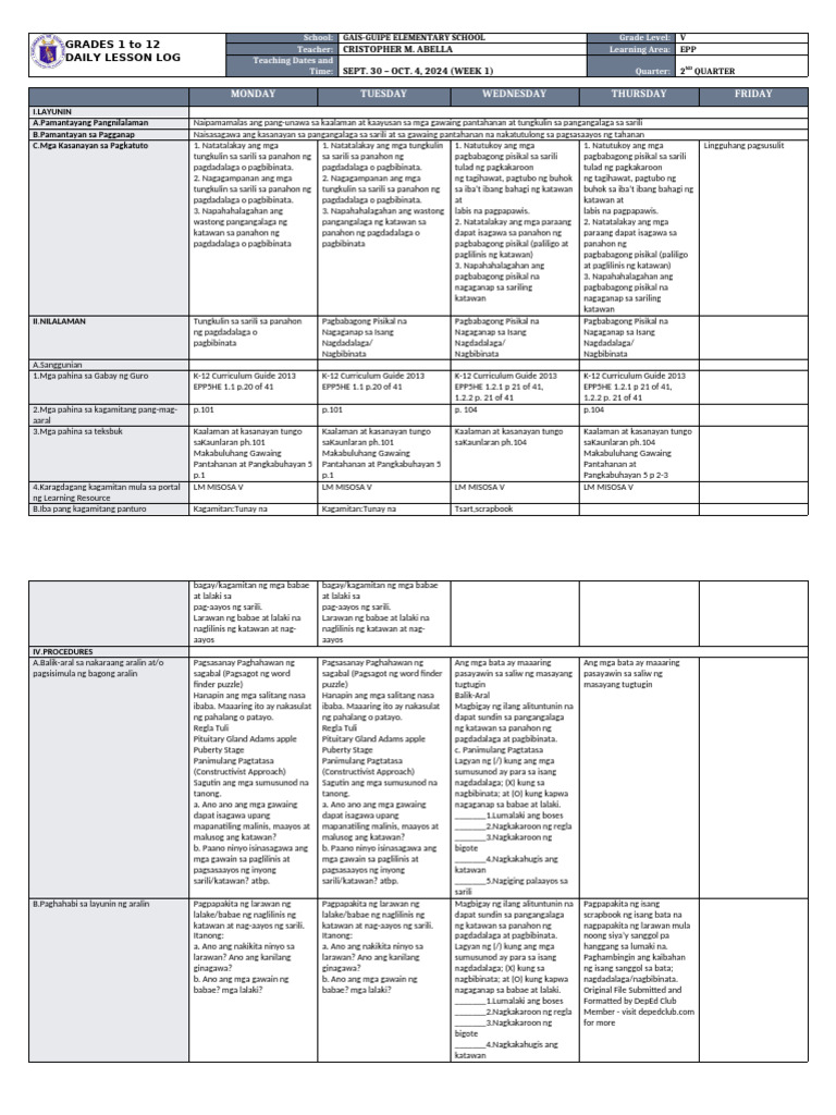 DLL - Epp 5 - Q2 - W1 | PDF