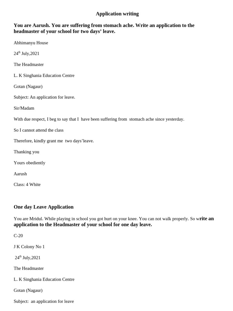 Application Writing Class 4 | PDF | Wellness