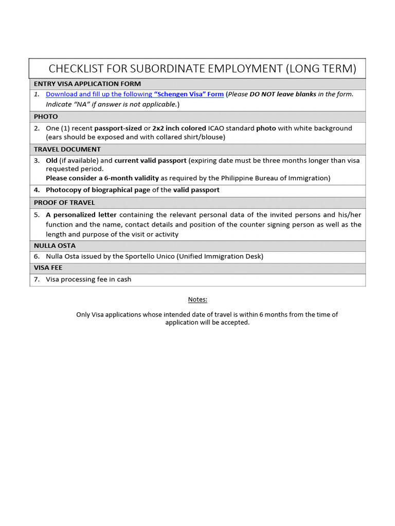 0 Check List For Subordinate Employment Long Term | PDF