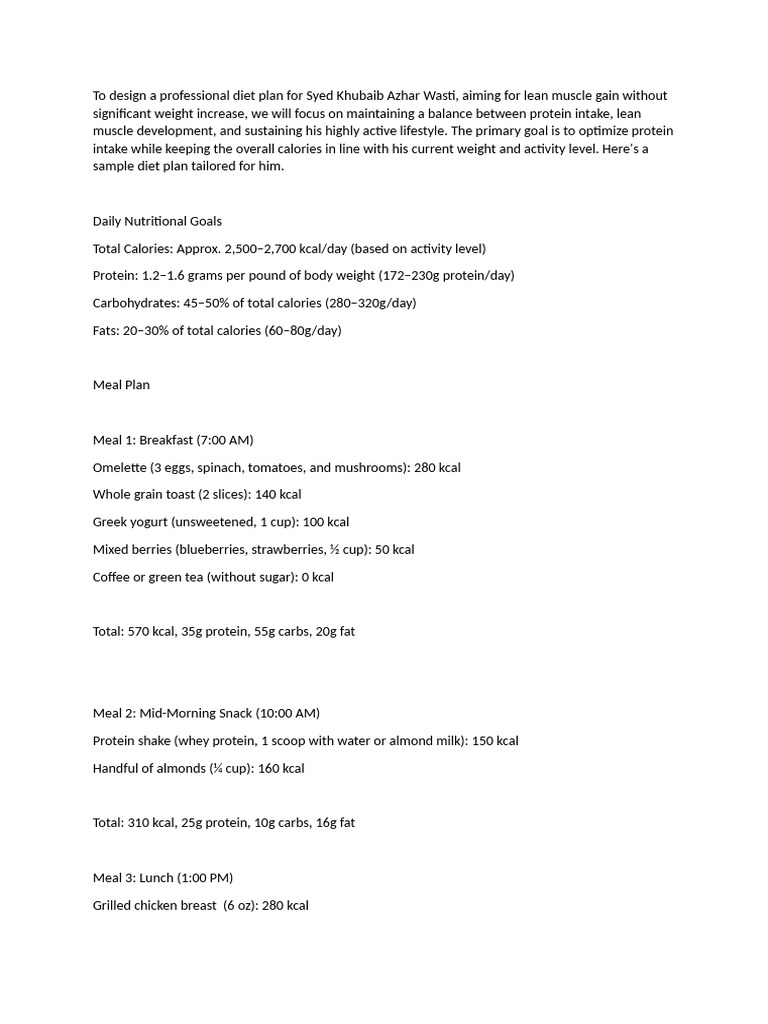 To Design A Professional Diet Plan For Syed Khubaib Azhar Wasti | PDF