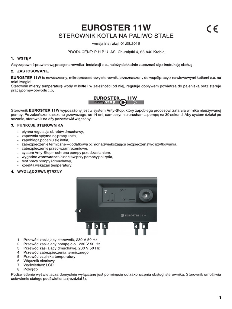 EUROSTER 11W - Instrukcja Obsługi (Sterowniki Wyprodukowane Po 08.2016) | PDF