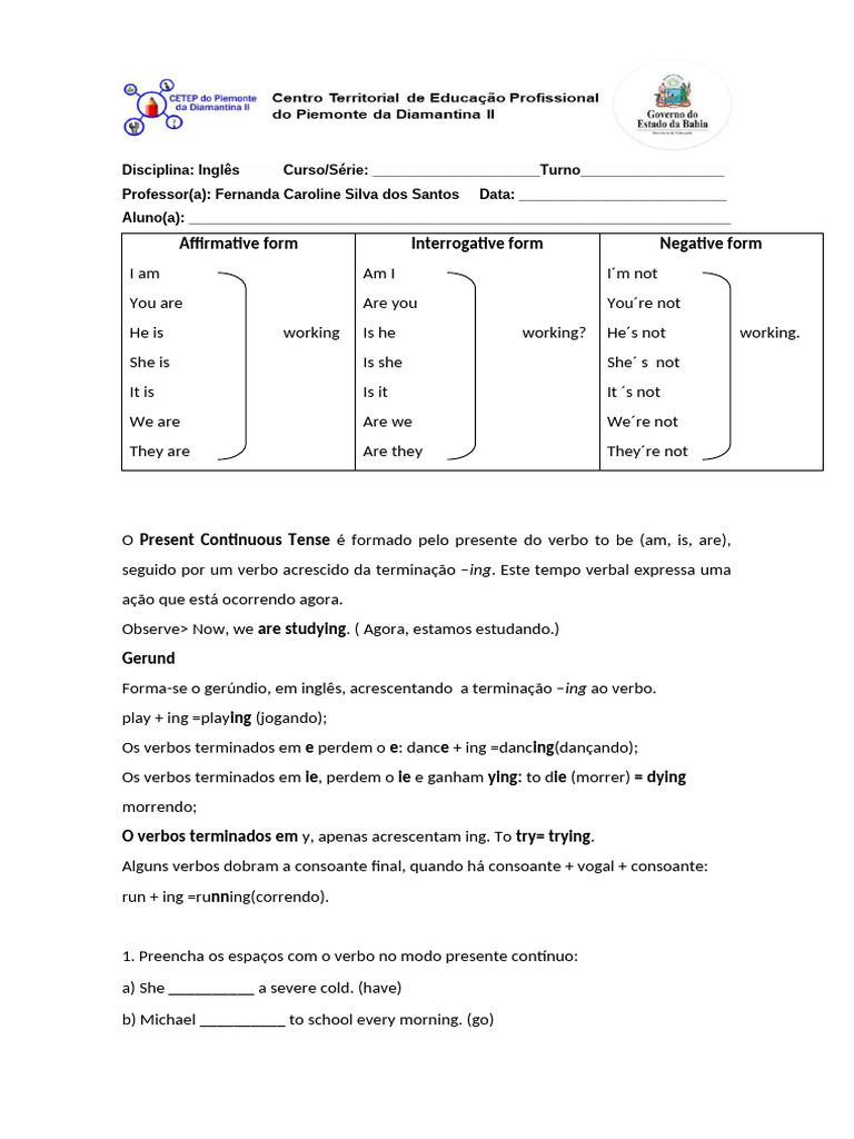 Atividade_Present Continous Tense | PDF