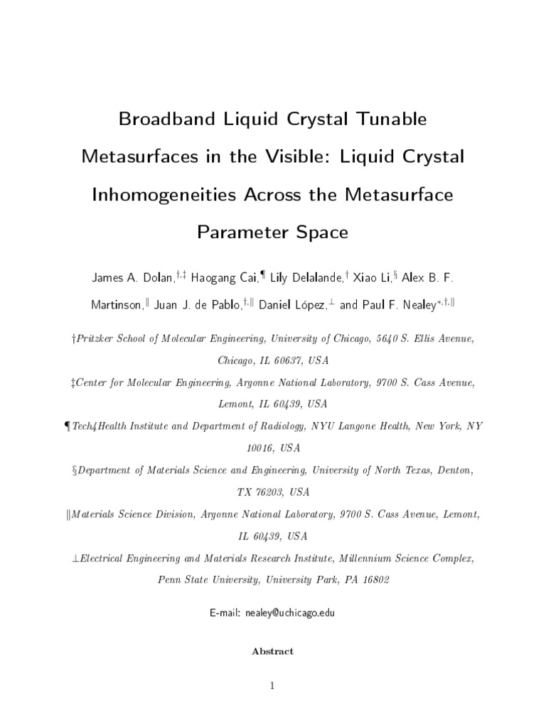 Broadband Liquid Crystal Tunable Metasurfaces in The Visible: Liquid ...