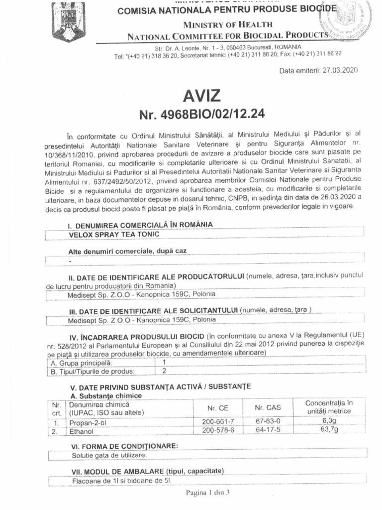 2020-VELOX SPRAY TEA TONIC-Aviz MS Biocide-Medisept | PDF