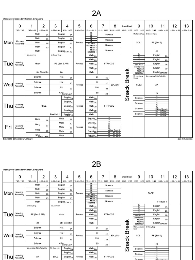 2024 Sem2 Sec2 Class Timetable | PDF