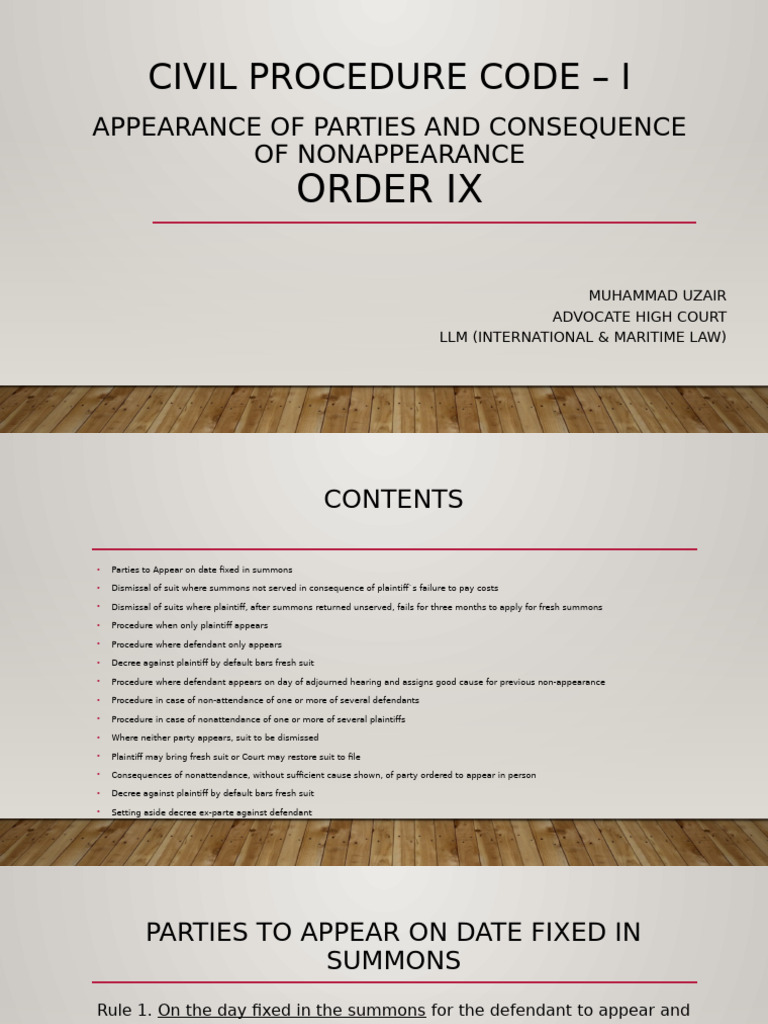 Lecture Appearance and Non Appearance of Parties Order IX CPC 06052024 113939pm | PDF