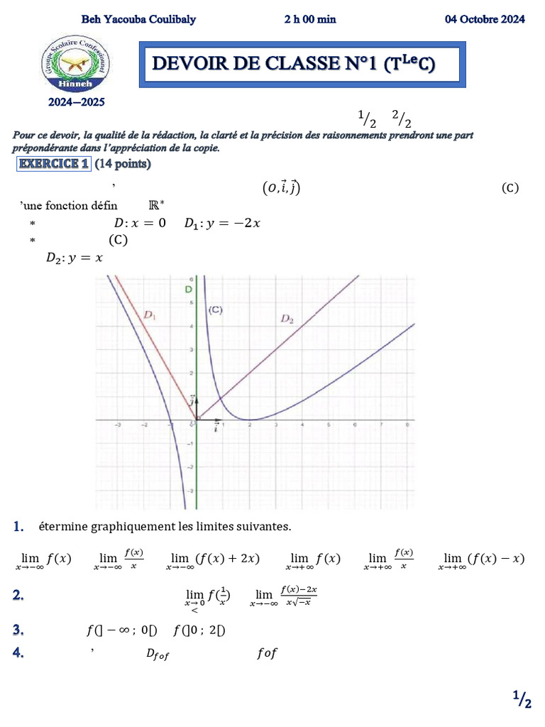 Devoir de Classe N°1 Tle C | PDF