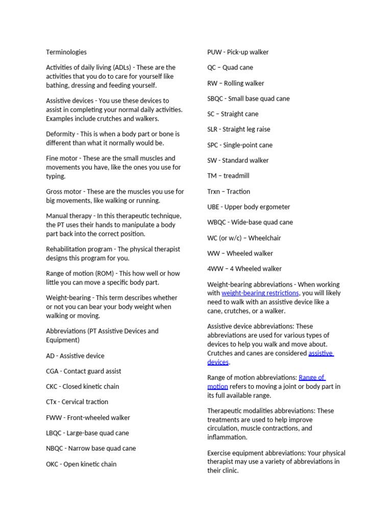 Terminologies and Abbreviations in Physical Therapy | PDF