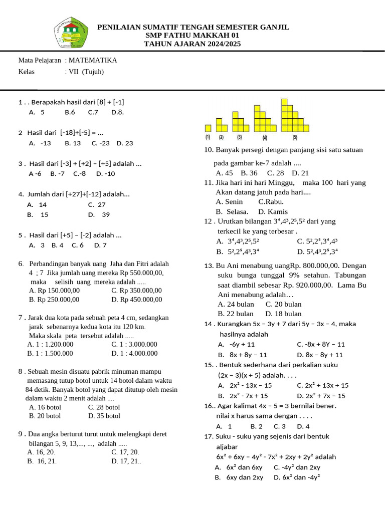 Soal Pat MTK Kelas Vii 2023 - 24 | PDF