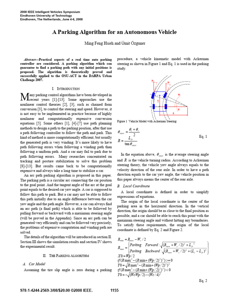 A Parking Algorithm For An Autonomous Vehicle | PDF