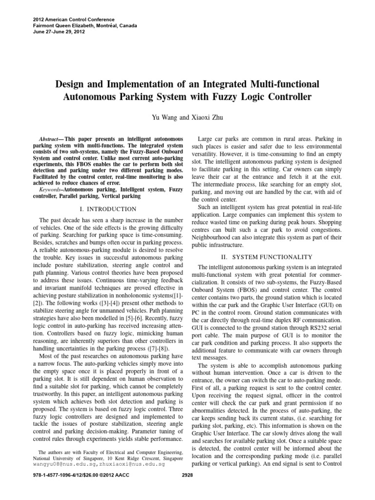 Design and Implementation of an Integrated Multi-functional autonomous parking system | PDF
