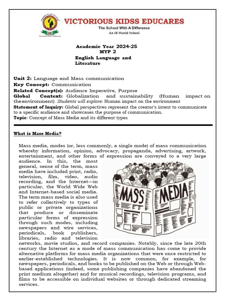 MYP 2 Unit 2 Language and Mass Communication Concept and Types of Mass ...