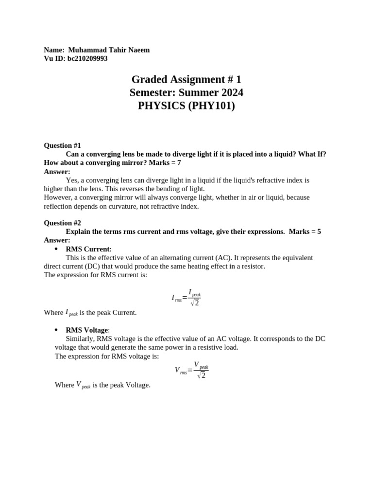 Phy101 Answer Asssigenment 1 | PDF