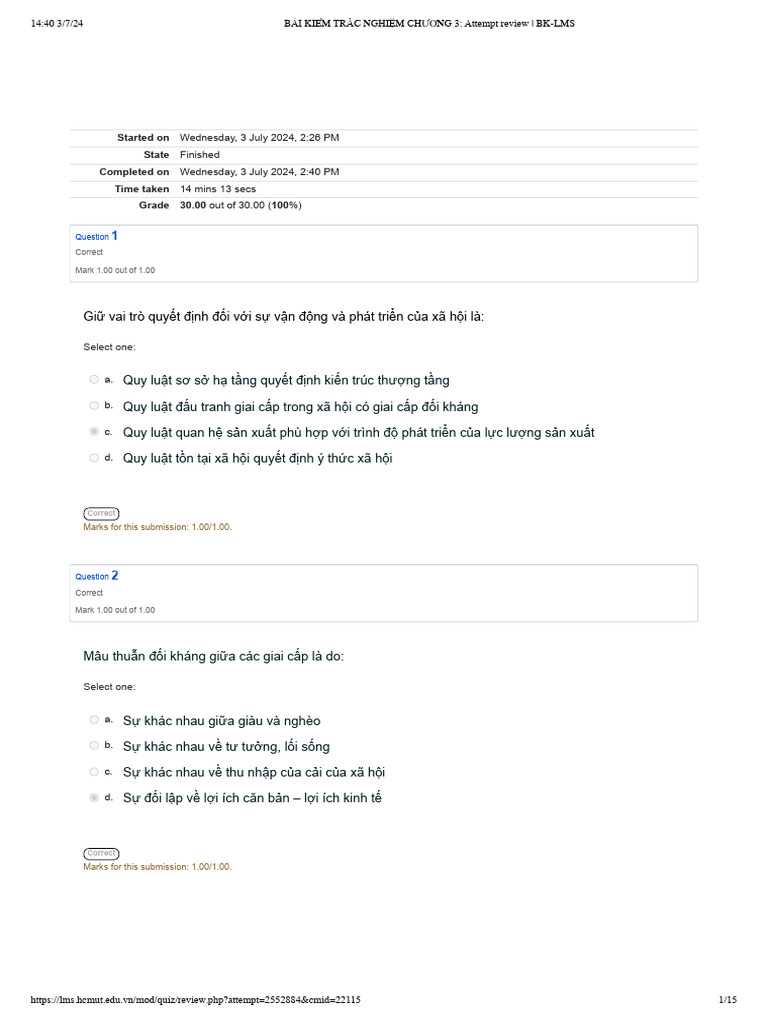 BÀI KIỂM TRẮC NGHIỆM CHƯƠNG 3 - Attempt review - BK LMS | PDF