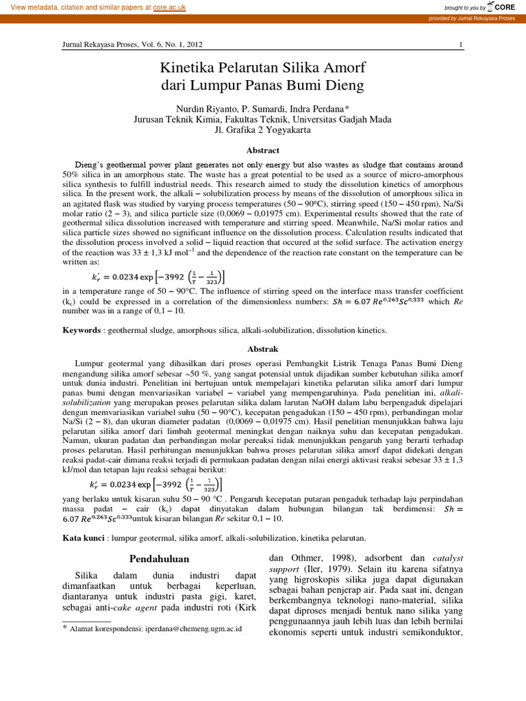Kinetika Pelarutan Silika Amorf Dari Lum | PDF