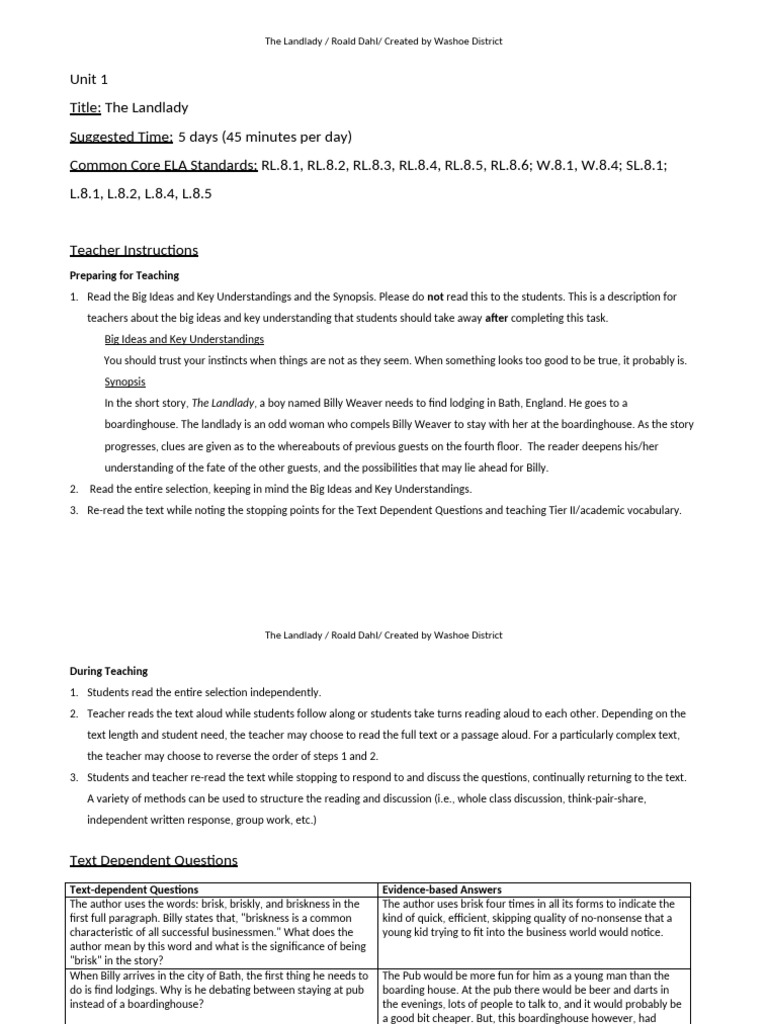 Landlady. Lesson - Story | PDF