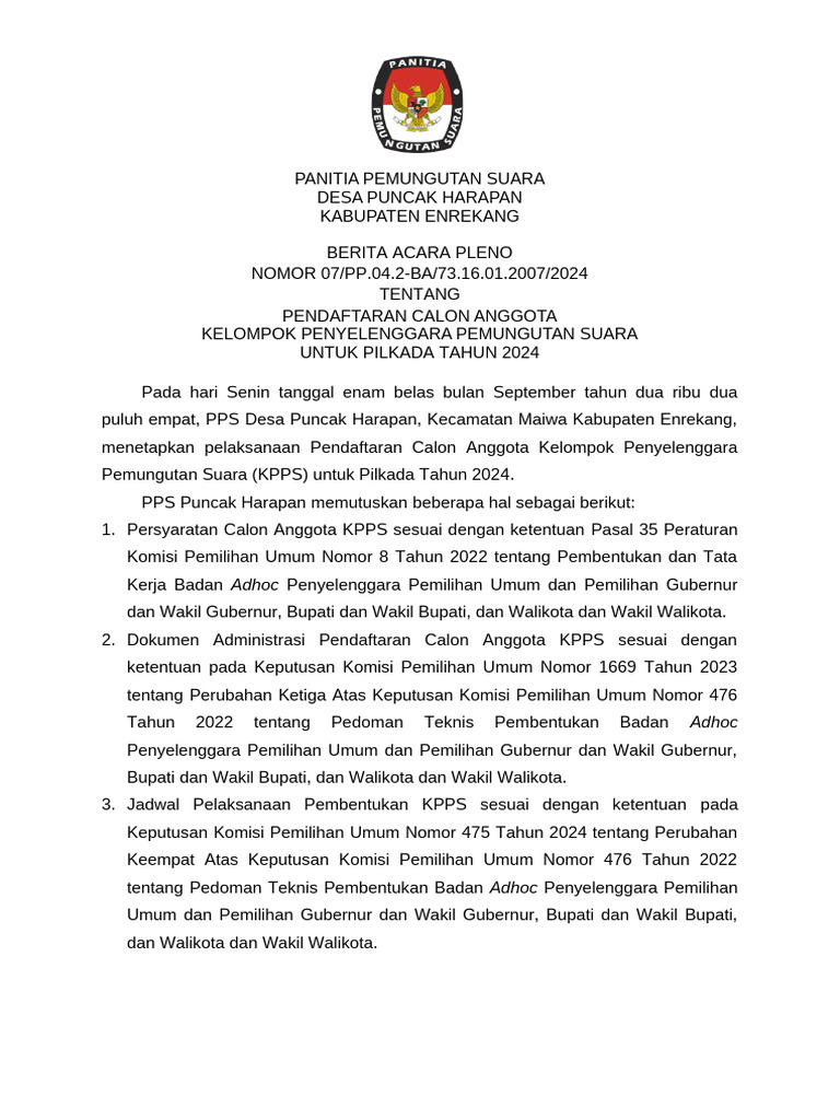 Print 0 Berita Acara PPS Pendaftaran KPPS | PDF