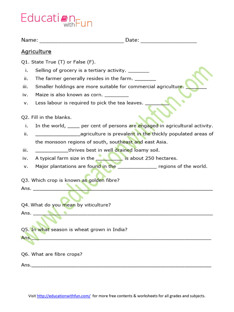 Agriculture Worksheet 1 | PDF