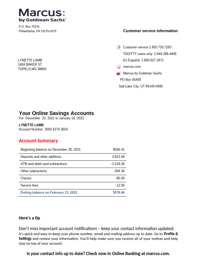 marcus Bank Statement - TemplateLab.com | PDF