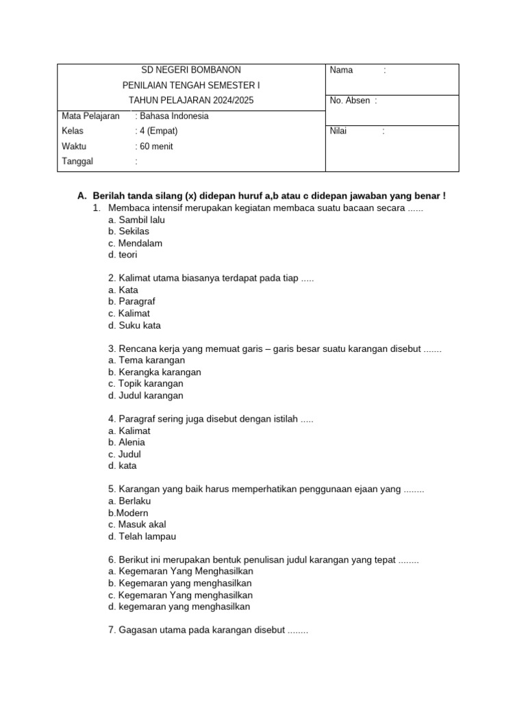 UTS KELAS 4 Sem 1 Bhs Ind | PDF