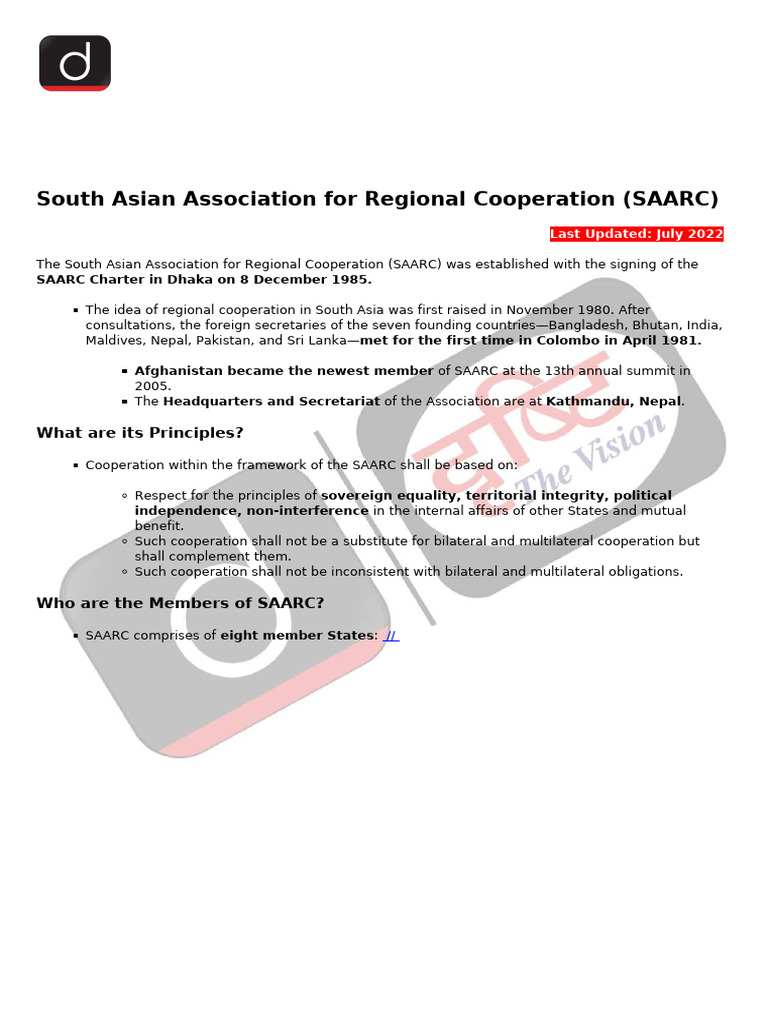 South Asian Association For Regional Cooperation (SAARC) | PDF
