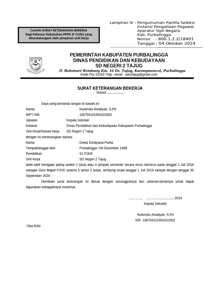 Lampiran Iv Template Surat Keterangan Kerja Untuk Guru PPPK 2024 (Purbalingga) | PDF