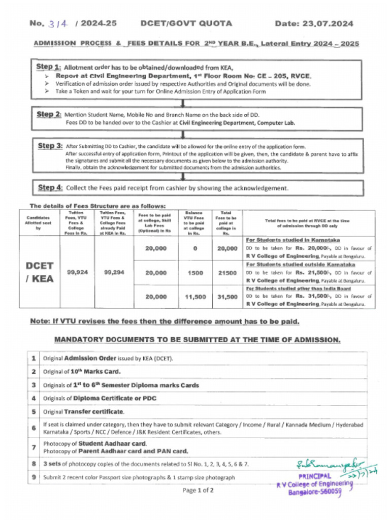 Dcet - Admission Process & Fees Details For 2ND Year B.E 2024 - 2025 | PDF