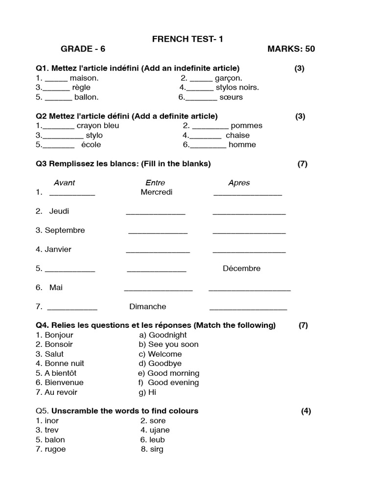 French Test (6th) | PDF