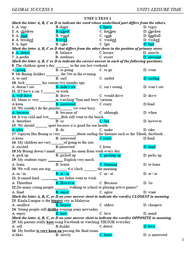Key-Unit 1 (Practice Test) | PDF