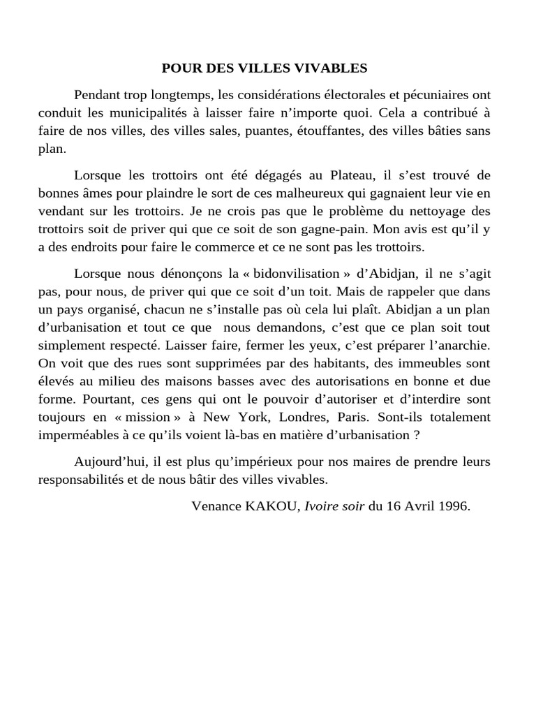 Texte Pour Des Villes Vivables 3ème - Docx.odt | PDF